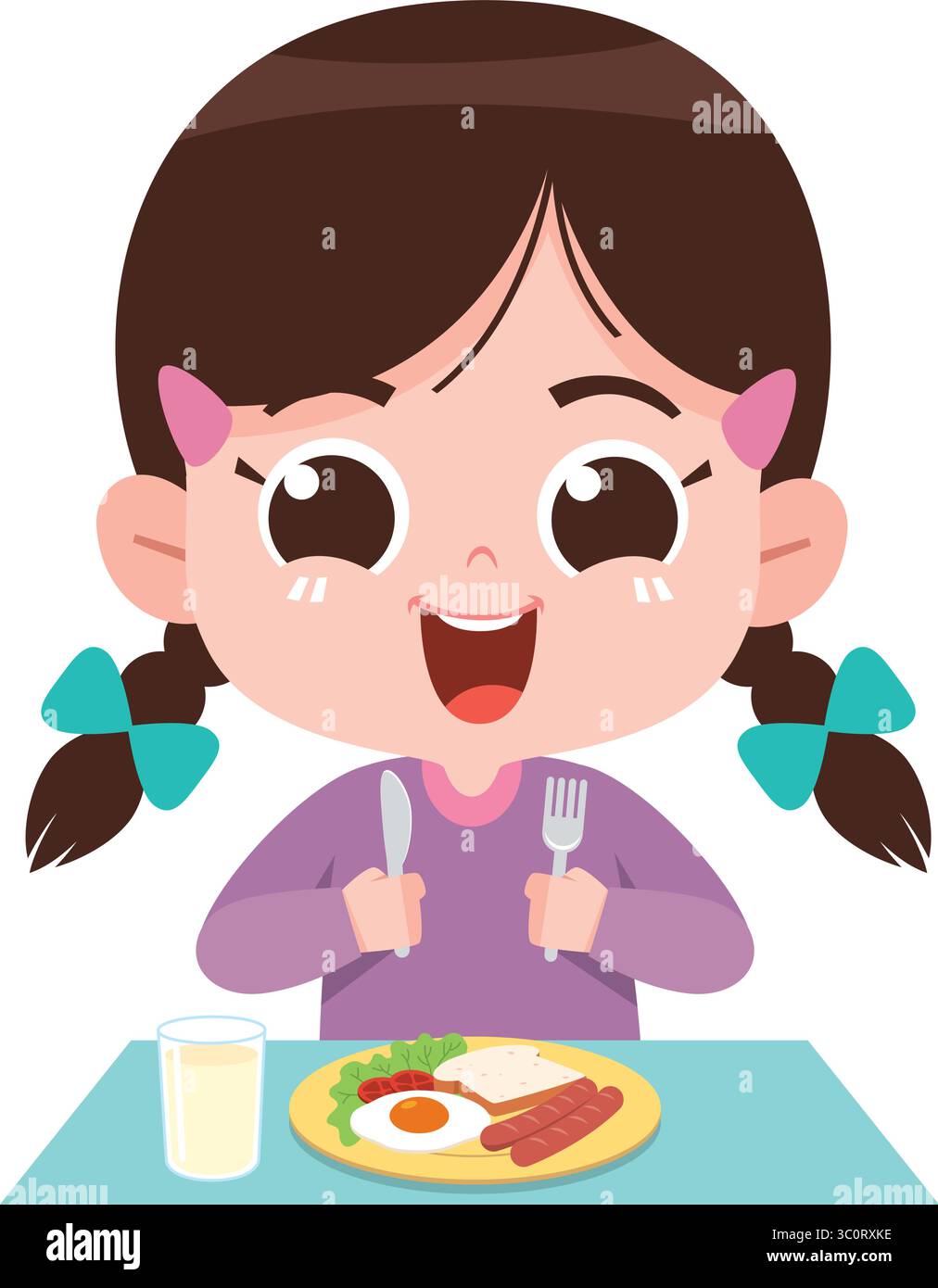Cartoon Girl Eating Breakfast Happily Stock Vector Image & Art - Alamy