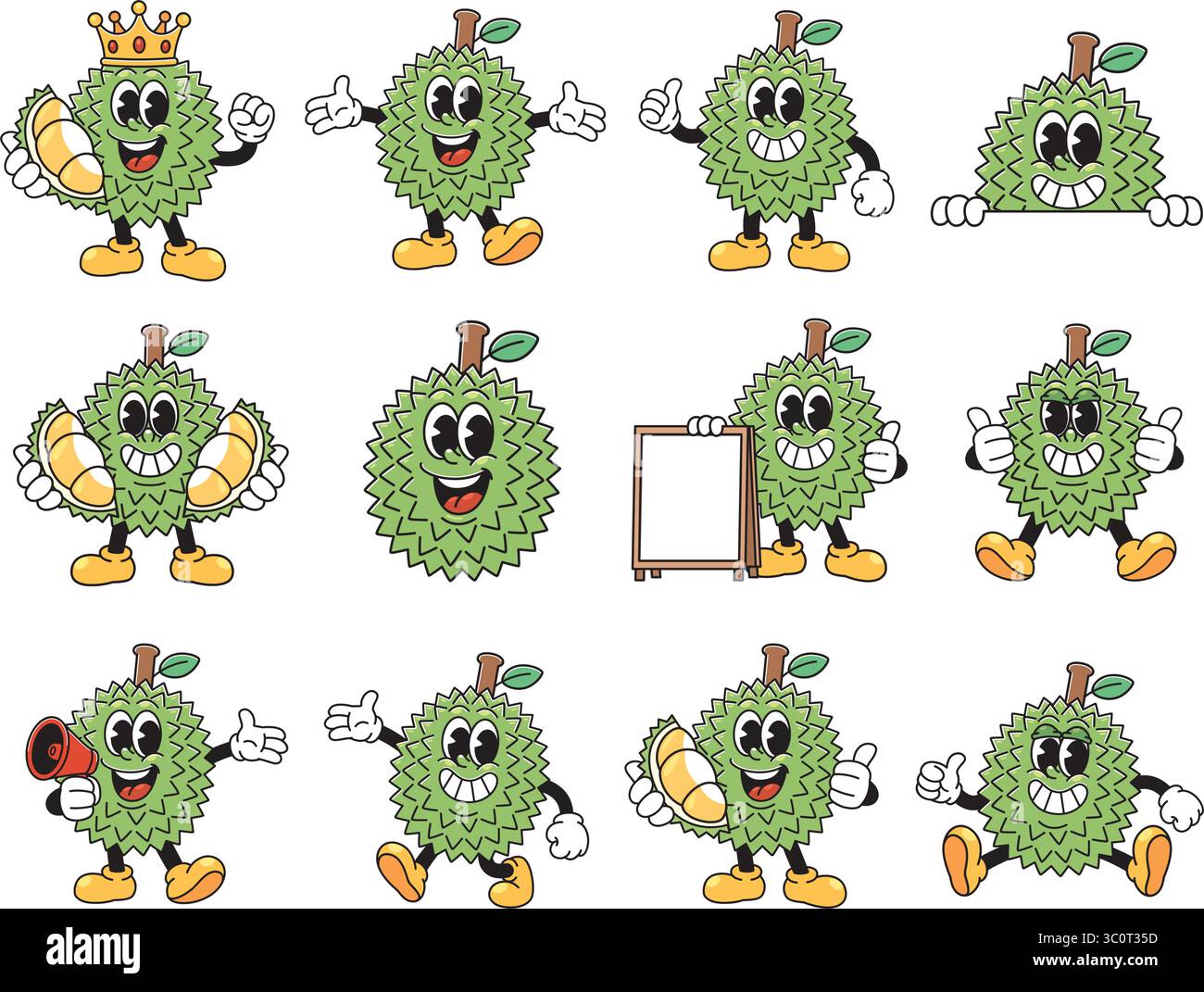 Cartoon Durian Mascot Character Set – 12 Fun Poses Stock Vector Image ...