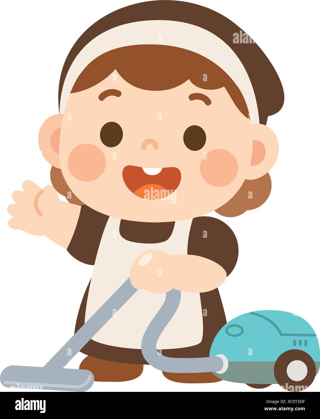 Cute Cartoon Girl Dressed as Housekeeper Using Vacuum Cleaner Stock ...