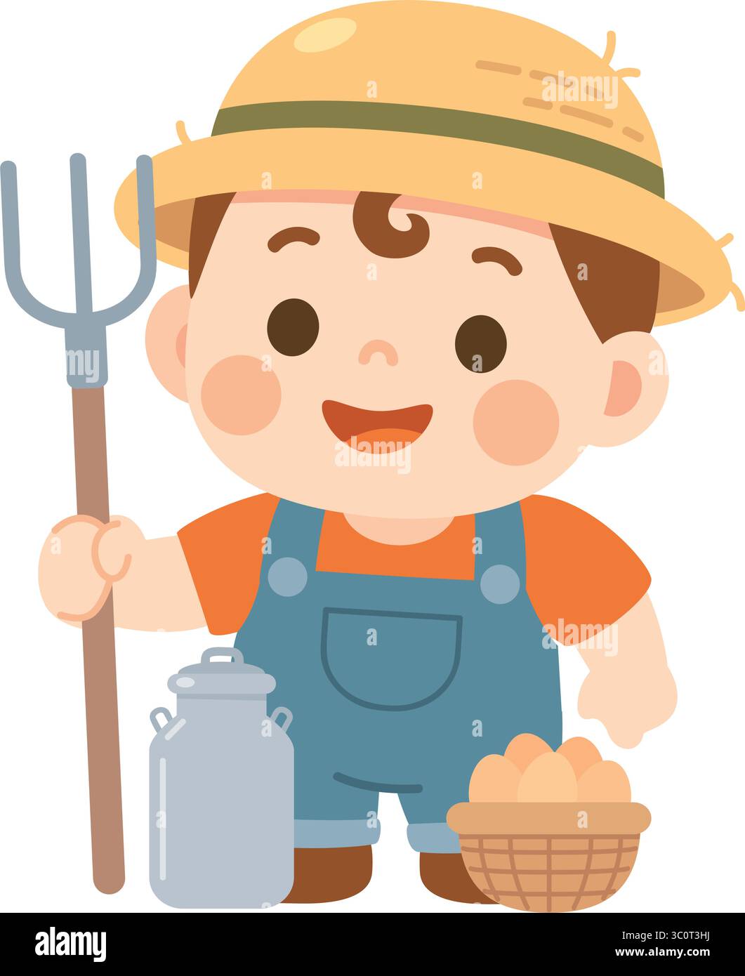 Cute Cartoon Farm Boy with Eggs and Pitchfork Stock Vector Image & Art ...