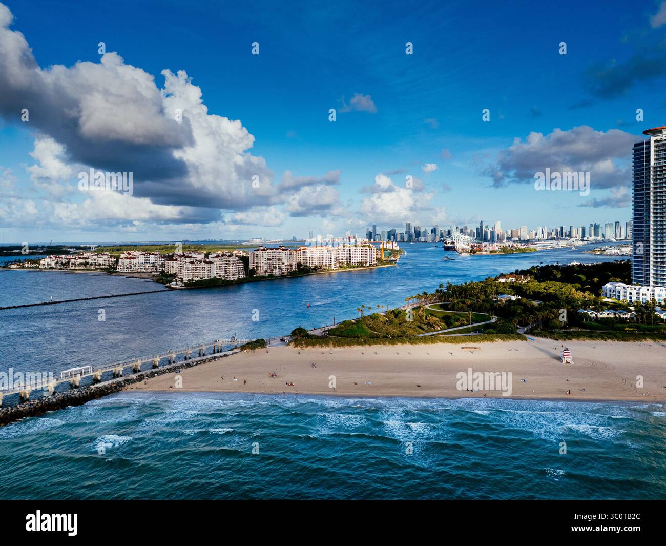 Aerial view of South Pointe Beach, Fisher Island, and Downtown Miami ...