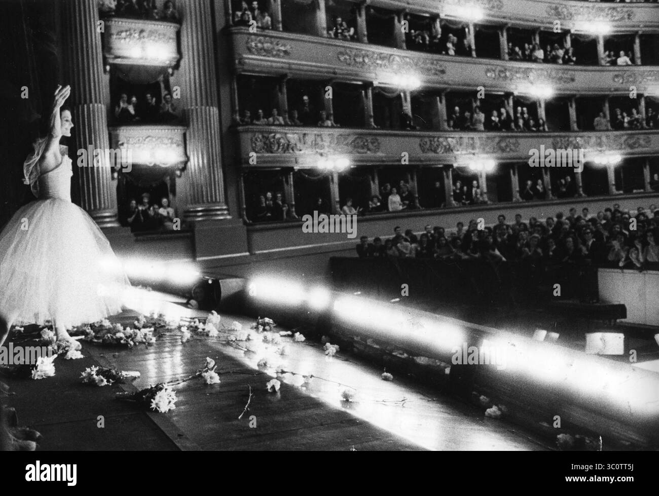 The Italian ballerina Carla Fracci, in profile, arms raised, on the ...