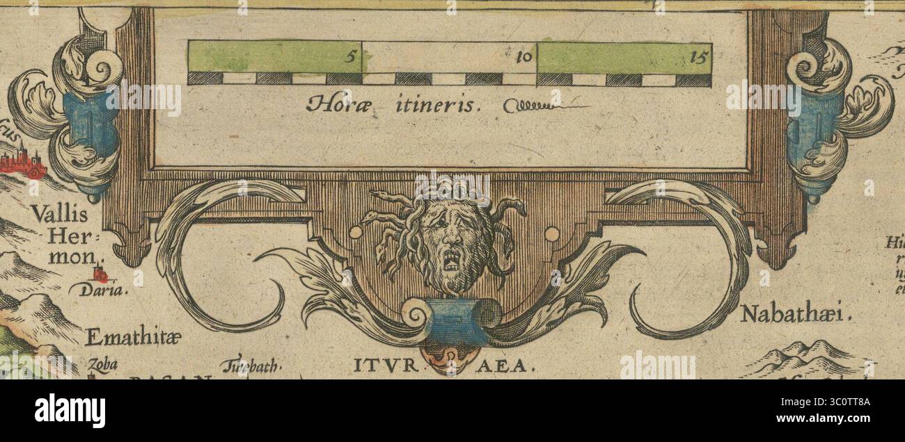 Medusa scale cartouche on a Holy Land map by Schrot Stock Photo - Alamy