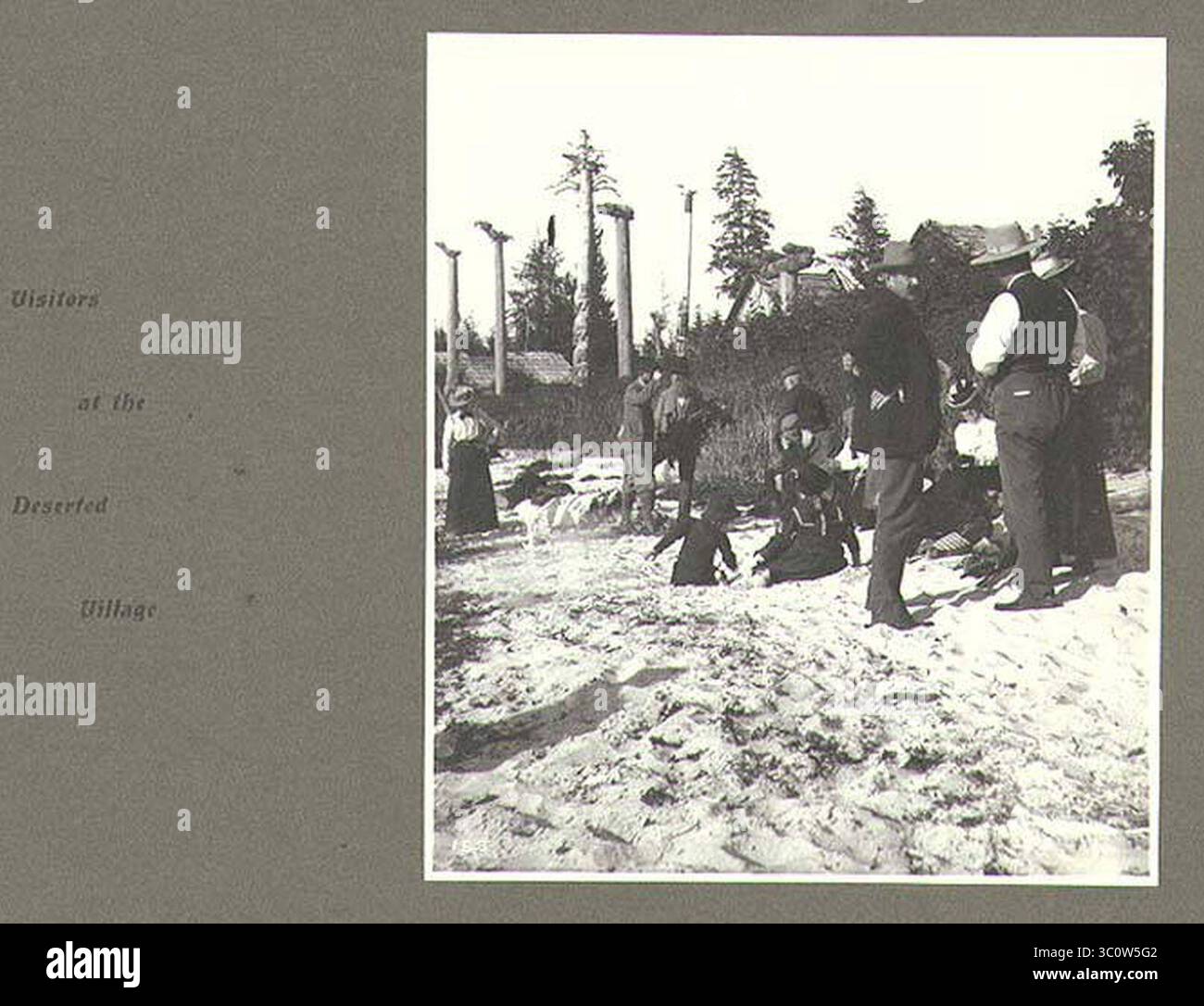 Members of the expedition on the beach at a Tlingit Indian village ...