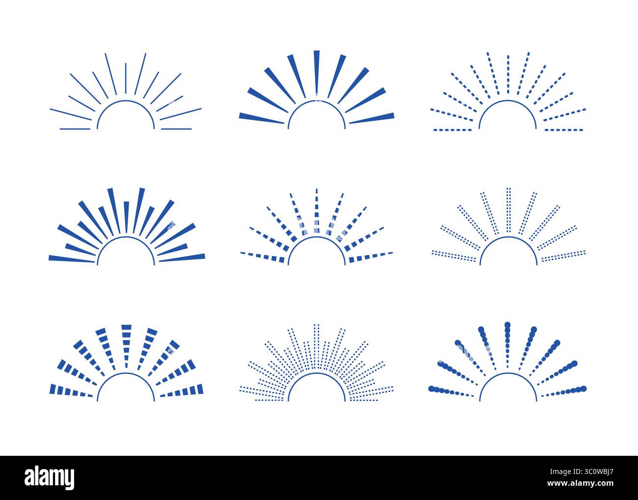 Minimalist half sunset, sunrise, fireworks design. Simple raises ...