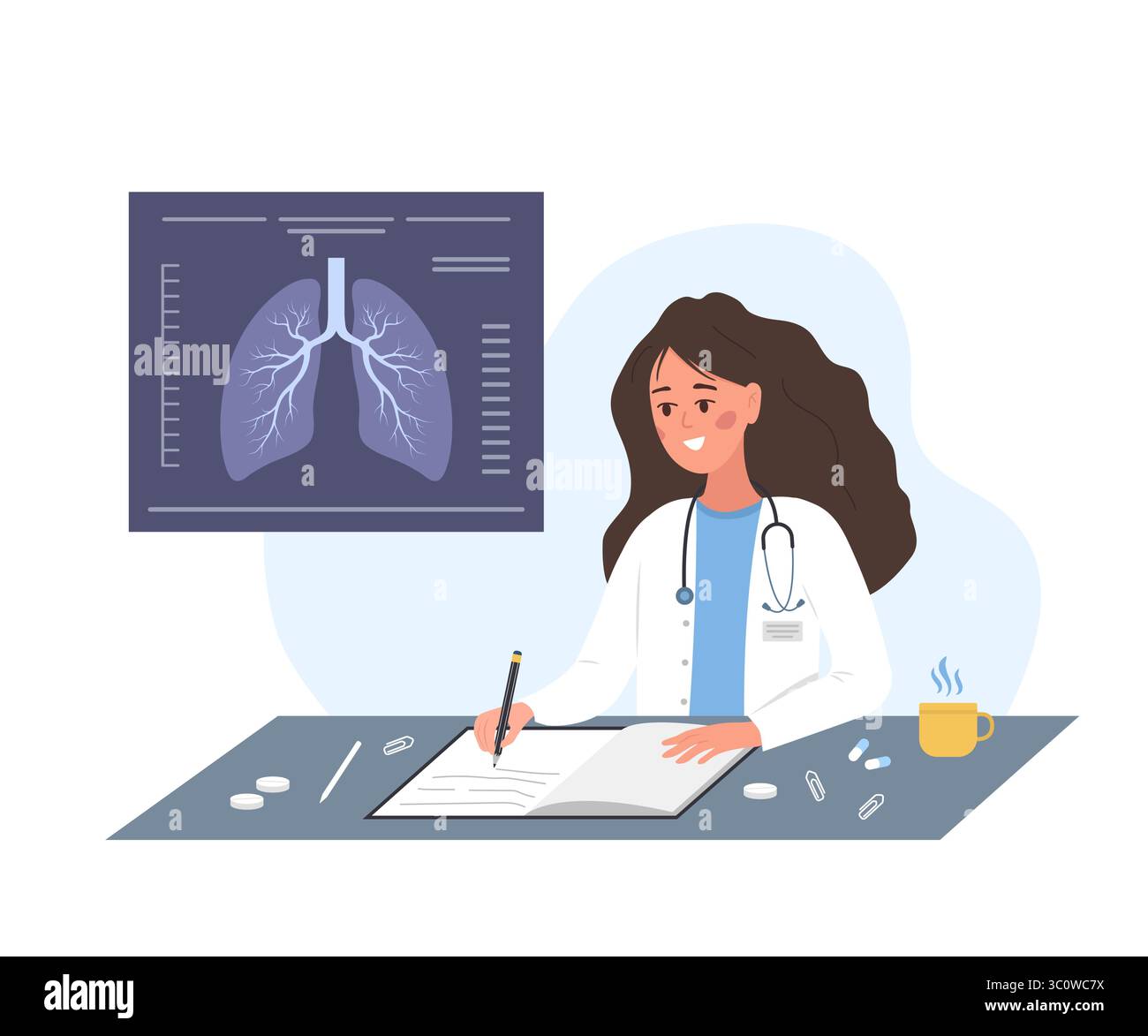 Pulmonology concept. Female doctor check X Ray scanning and ...