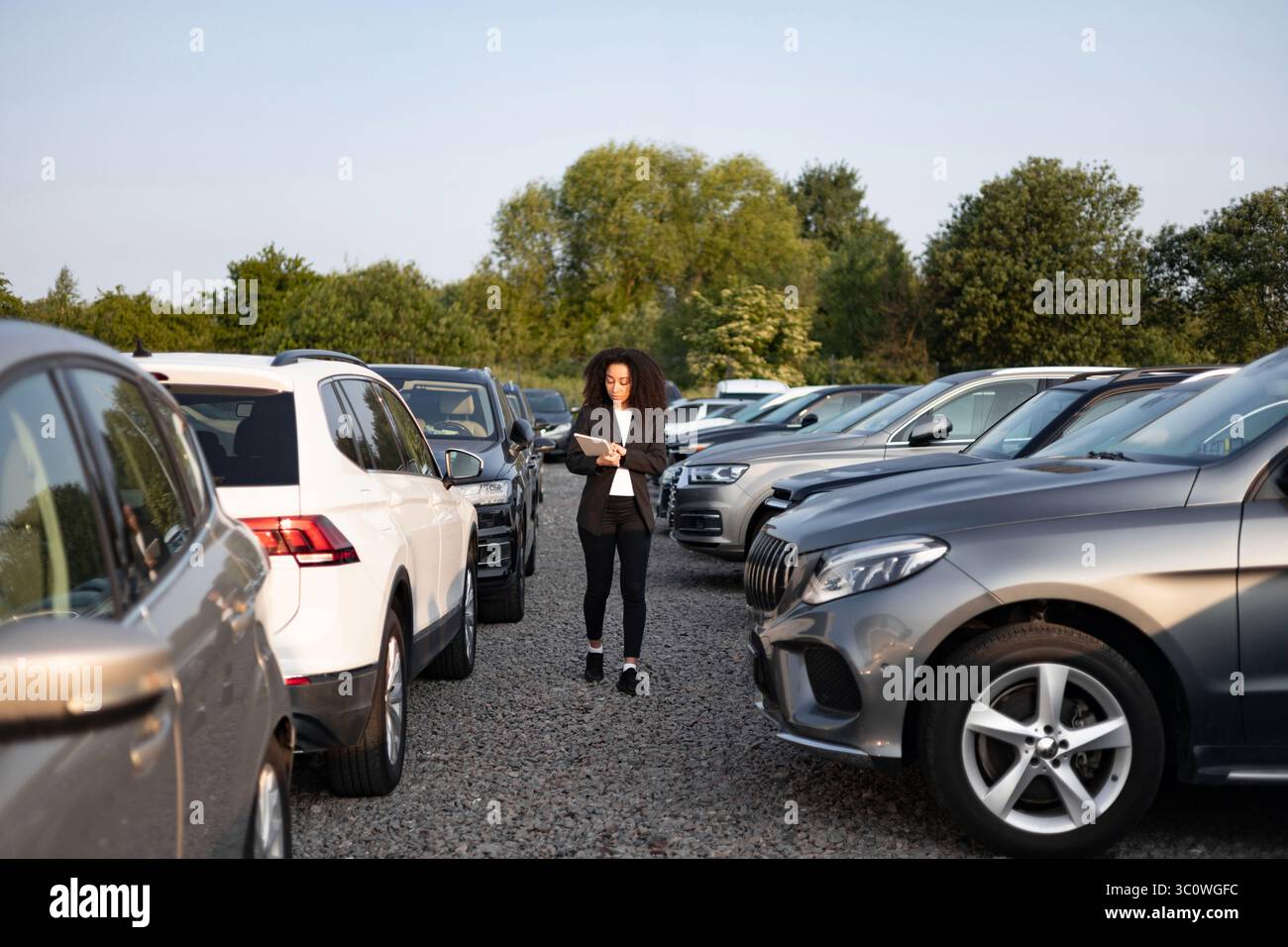 Woman Reviewing Cars at Dealership Stock Photo - Alamy