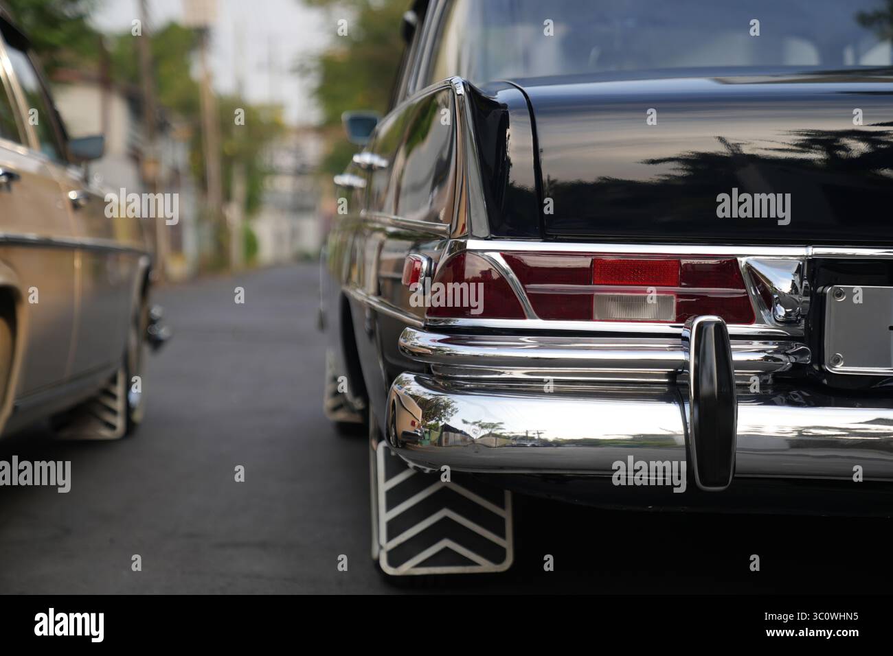 The tail lights, turn signals, and chrome accents on the rear of ...