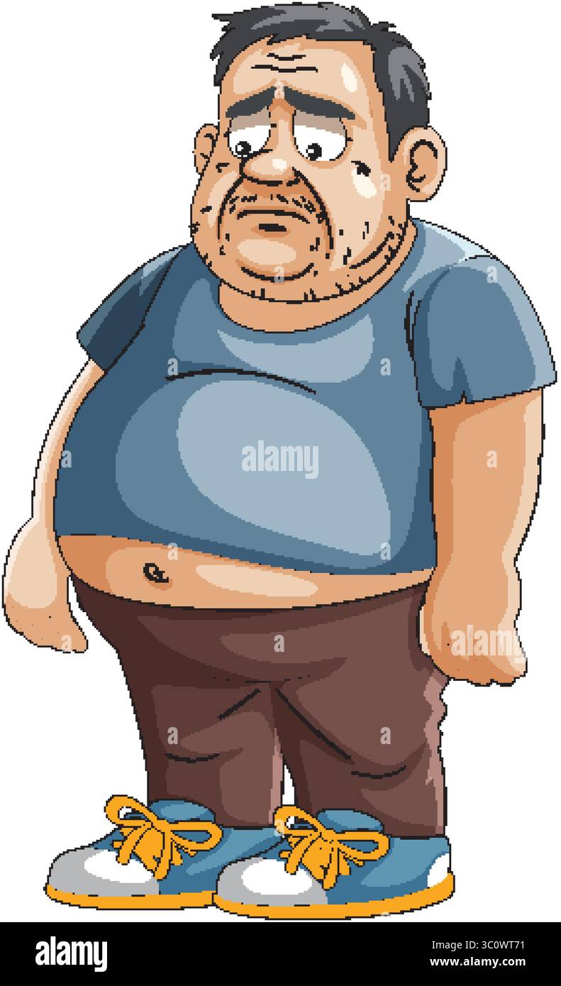 Cartoon illustration of a sad, overweight man in casual attire ...