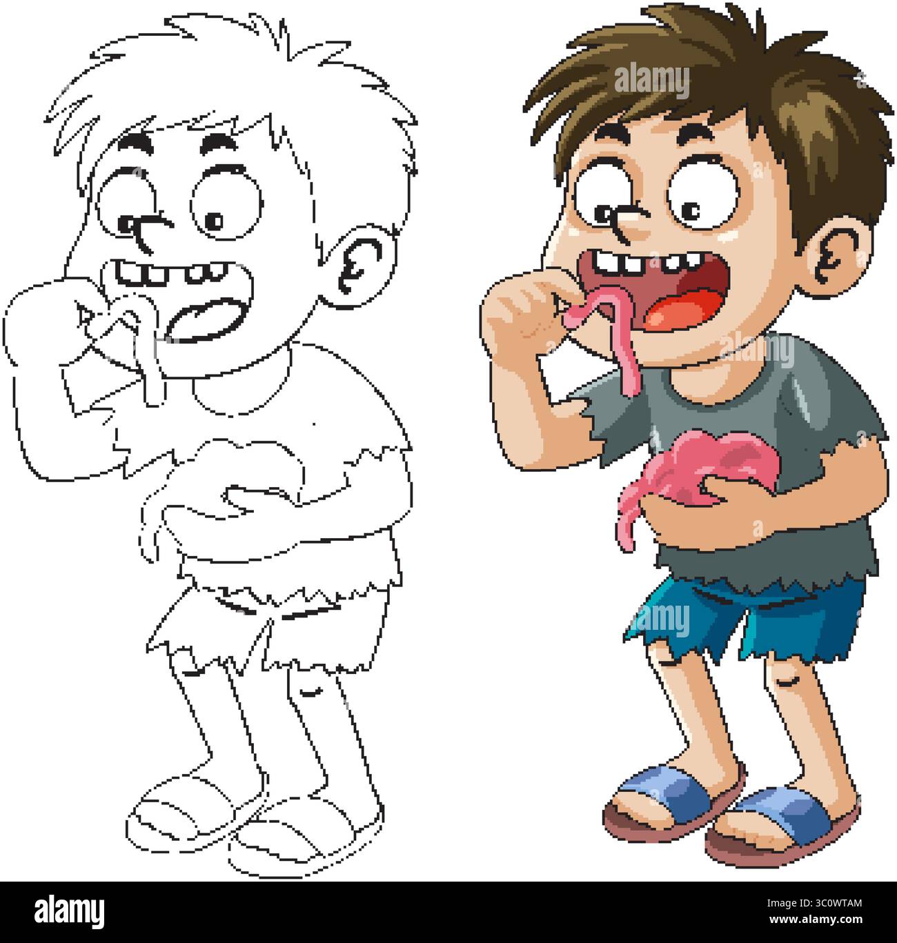 A playful illustration of a boy enjoying gummy worms, showcasing ...