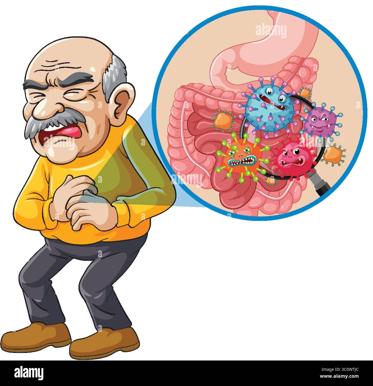 Cartoon illustration of an elderly man clutching his stomach, with a ...