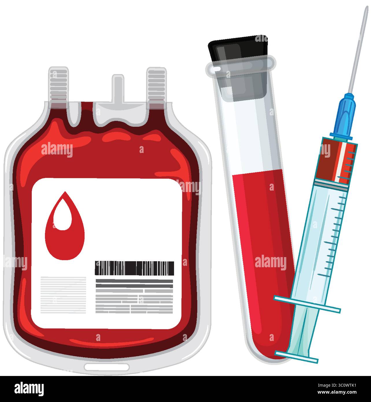Vector illustration of a blood donation bag, filled test tube, and ...