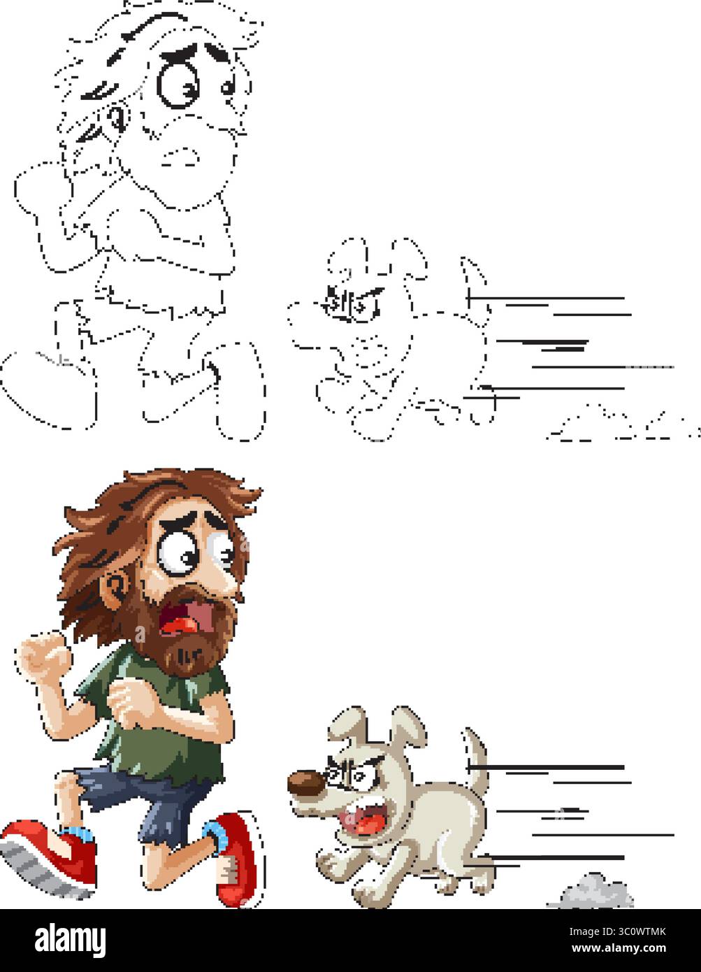 A humorous vector illustration of a cartoon man being chased by an ...