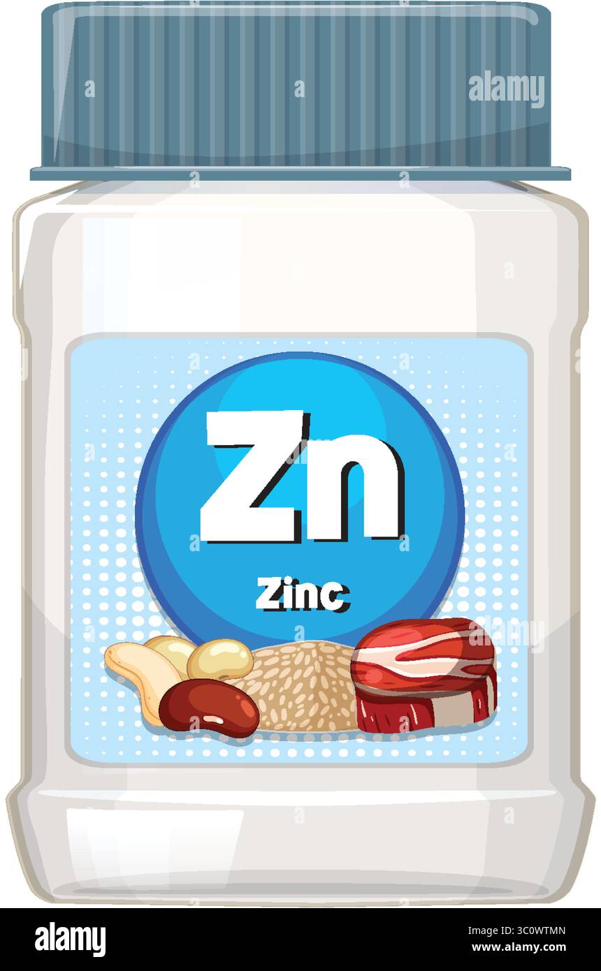 Vector illustration of a clear zinc supplement bottle, blue label, and ...