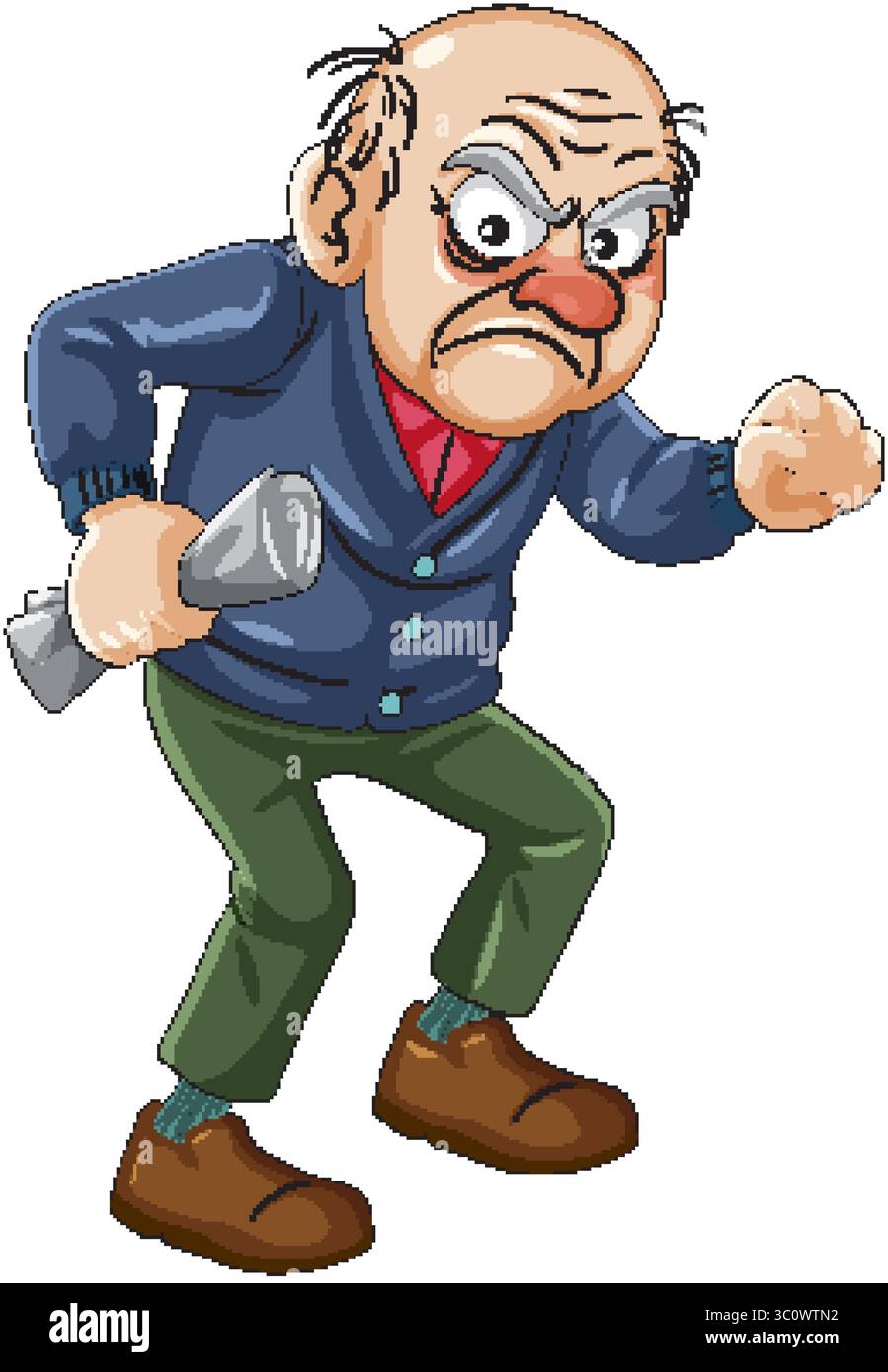 Grumpy bald elderly man with clenched fist and rolled newspaper ...