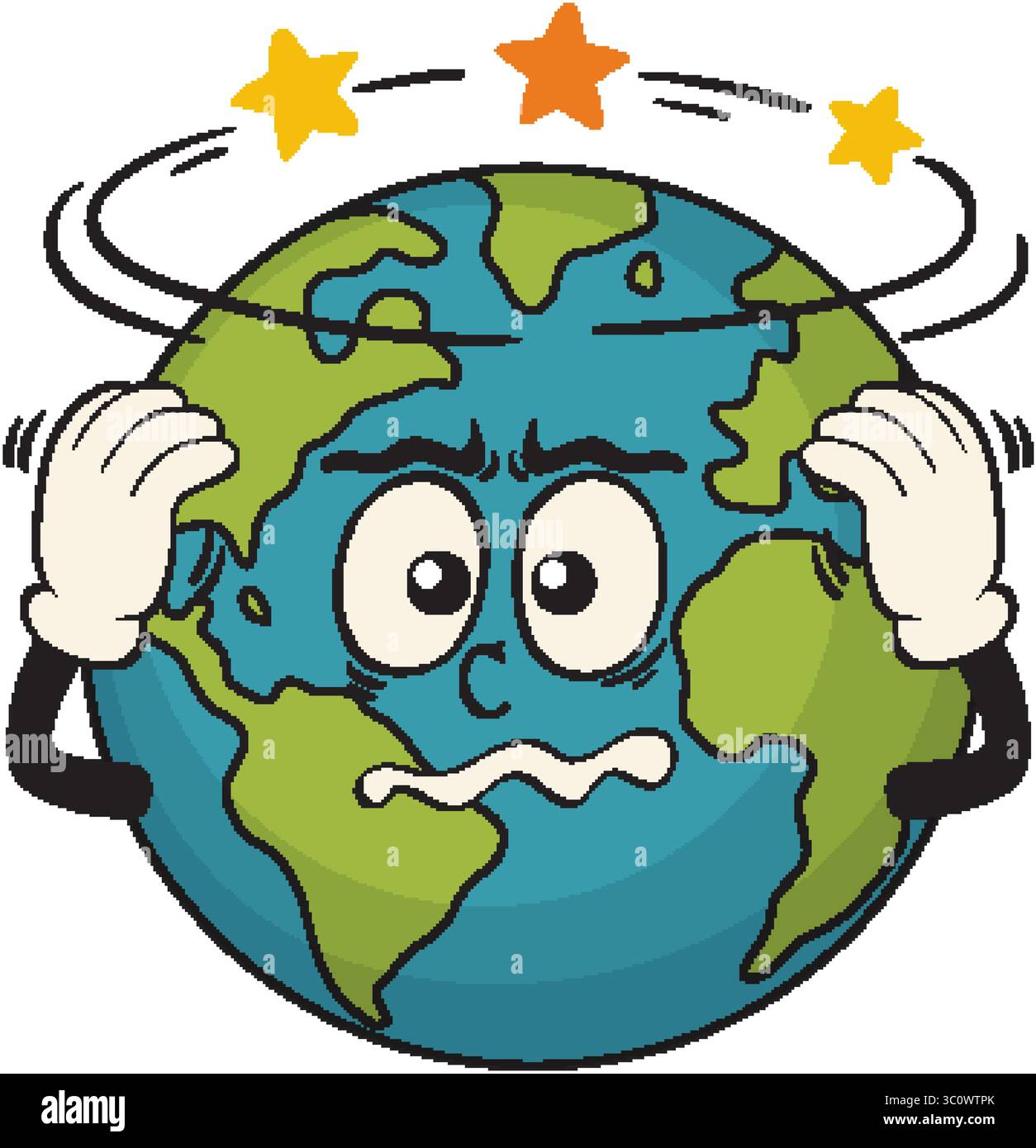 Whimsical illustration of Earth with a dizzy expression and stars ...