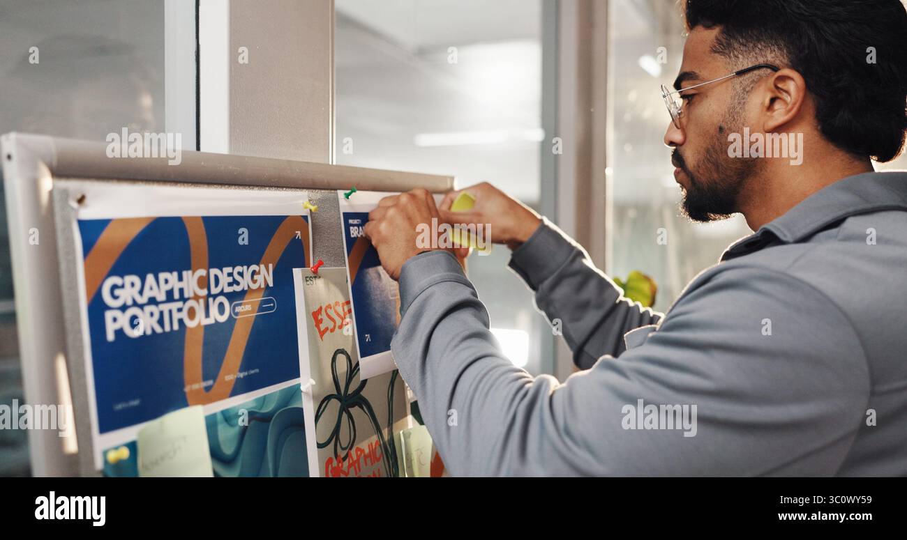 Graphic design, sticky note and businessman for inspiration with ...