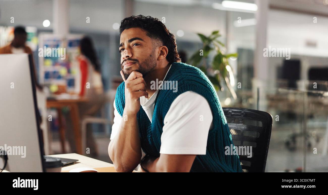 Creative business, man and thinking by computer of graphic design ...
