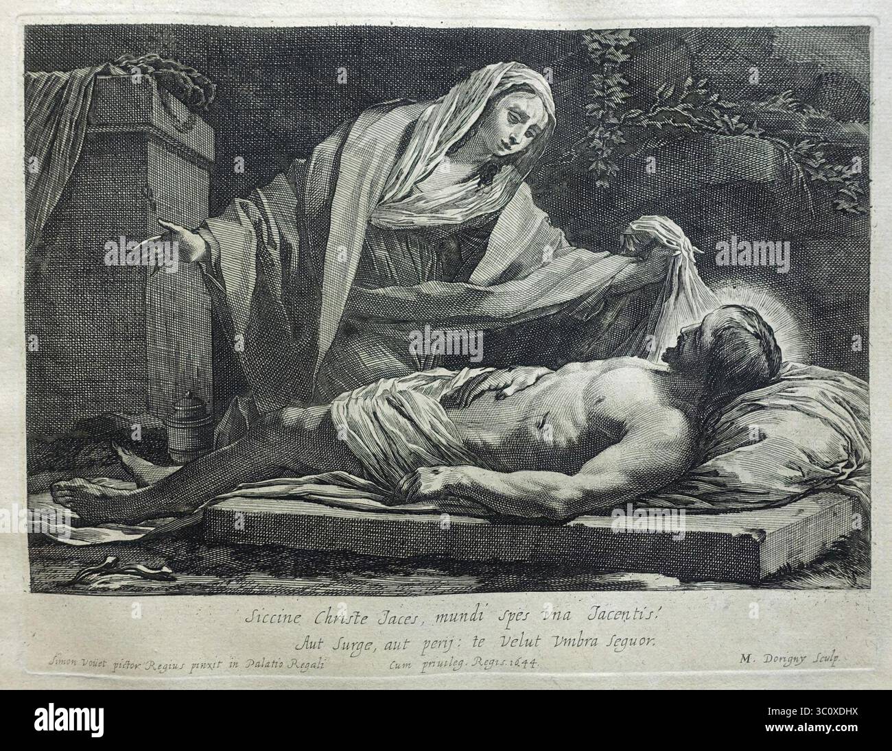 Michel Dorigny - The dead Christ laid out on a slab of stone, with St ...