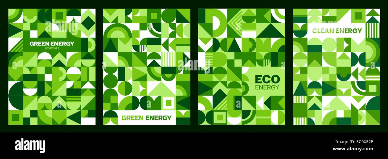 Green energy posters with geometric pattern. Ecology banners about ...