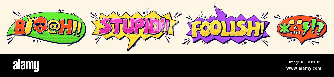 Set of color swear speech bubbles with words stupid, foolish and tiny ...