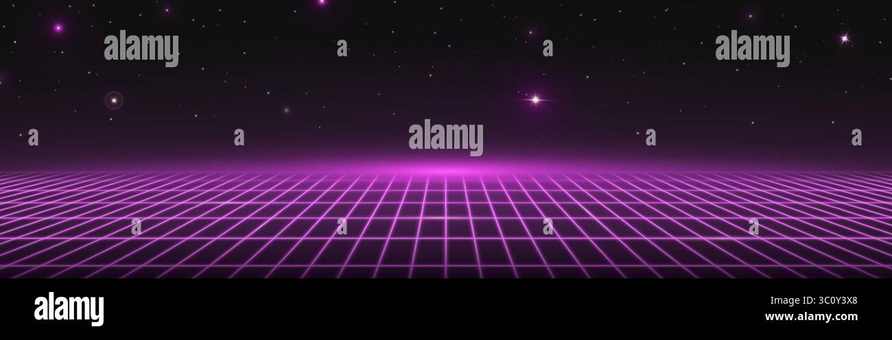 Retro game grid landscape - purple neon wireframe floor extending to ...