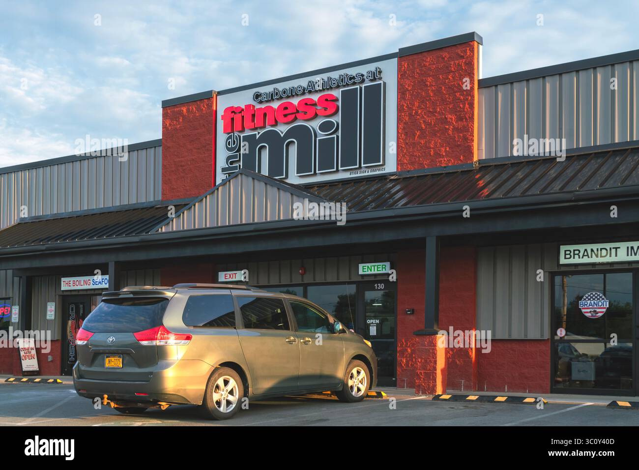 Utica, NY - Jul 12, 2025: Close-up view of The Fitness Mill previously know as the Carbone ...
