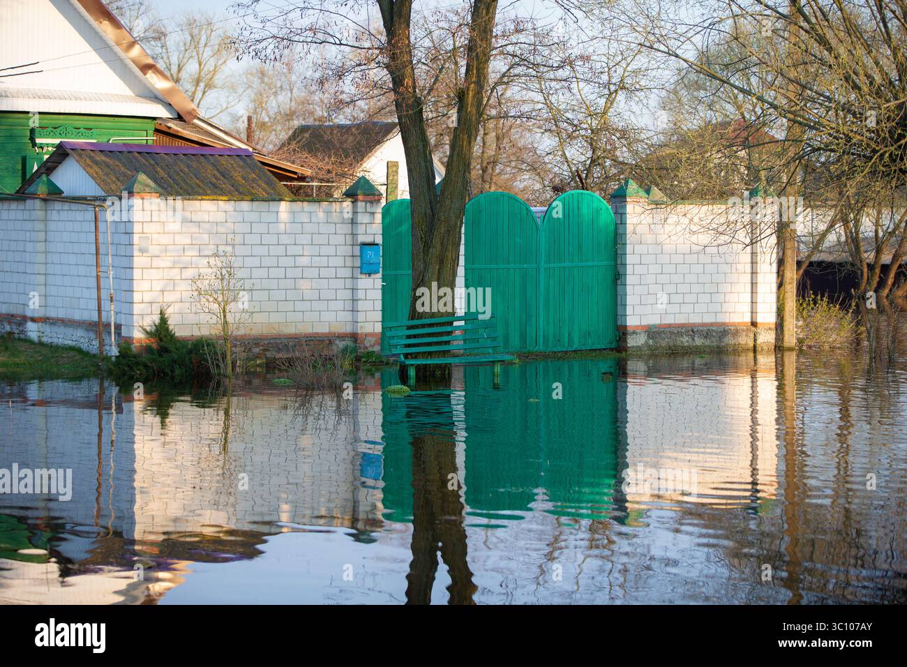 Spring flood. Flooded house from the plots due to the spring river ...