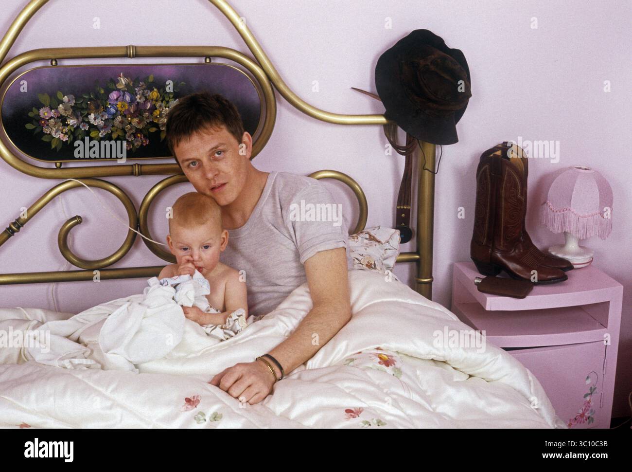 Italian singer-songwriter and musician Zucchero (Adelmo Fornaciari) posing in the bedroom with ...