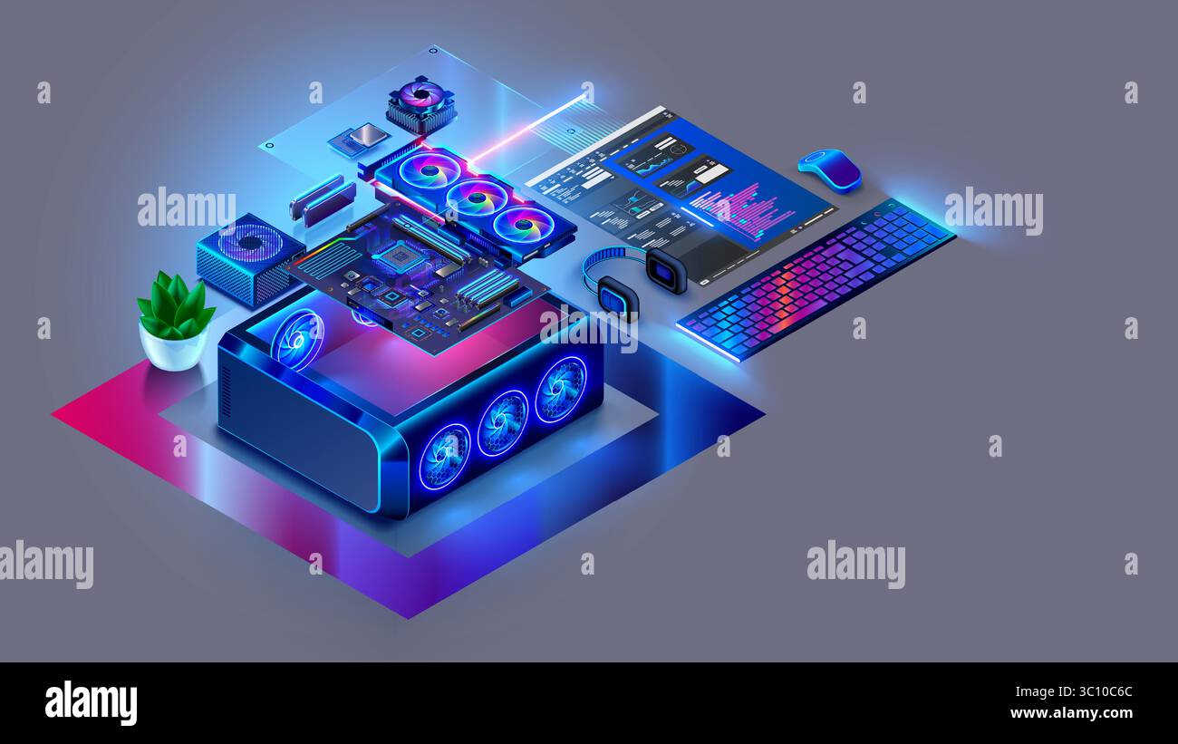 Gaming computer assembly isometric concept. Computer parts. CPU, GPU ...