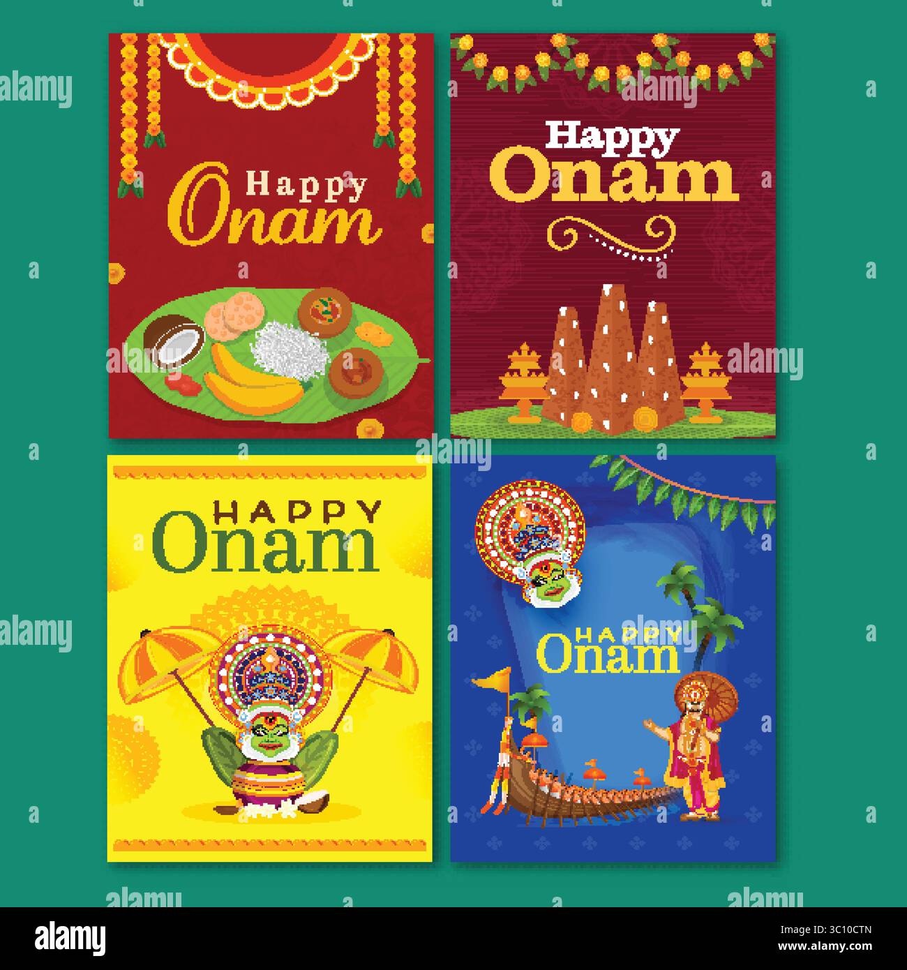 Happy Onam Greeting Cards Set with Festival Elements in Four Options ...