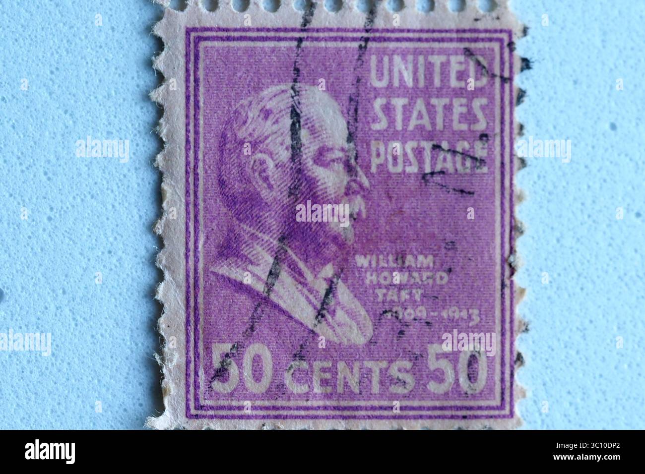 Macro view of stamp dedicated to American President William Howard Taft ...