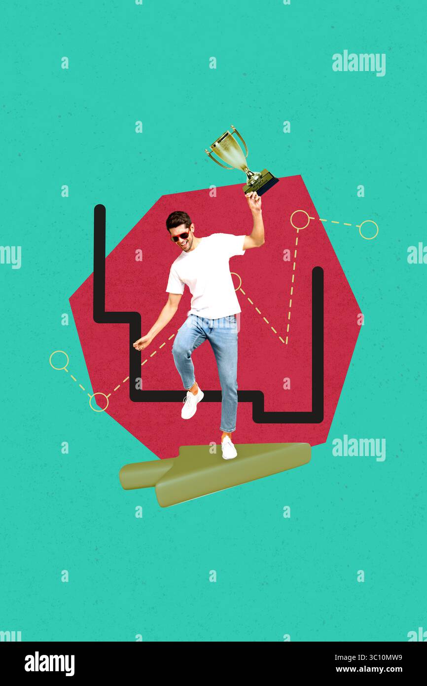 Vertical sketch 3d collage poster of happy businessman hold golden ...