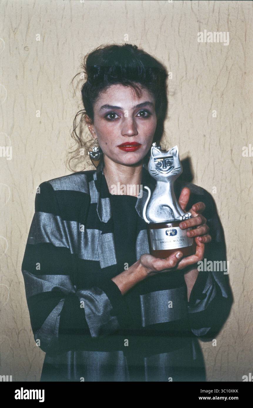 Spanish actress Angela Molina showing the Telegatto award won for her ...