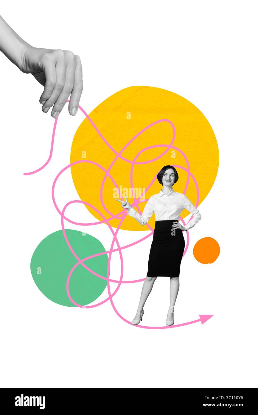 Collage of funny person navigating tangled lines symbolizing confusion ...