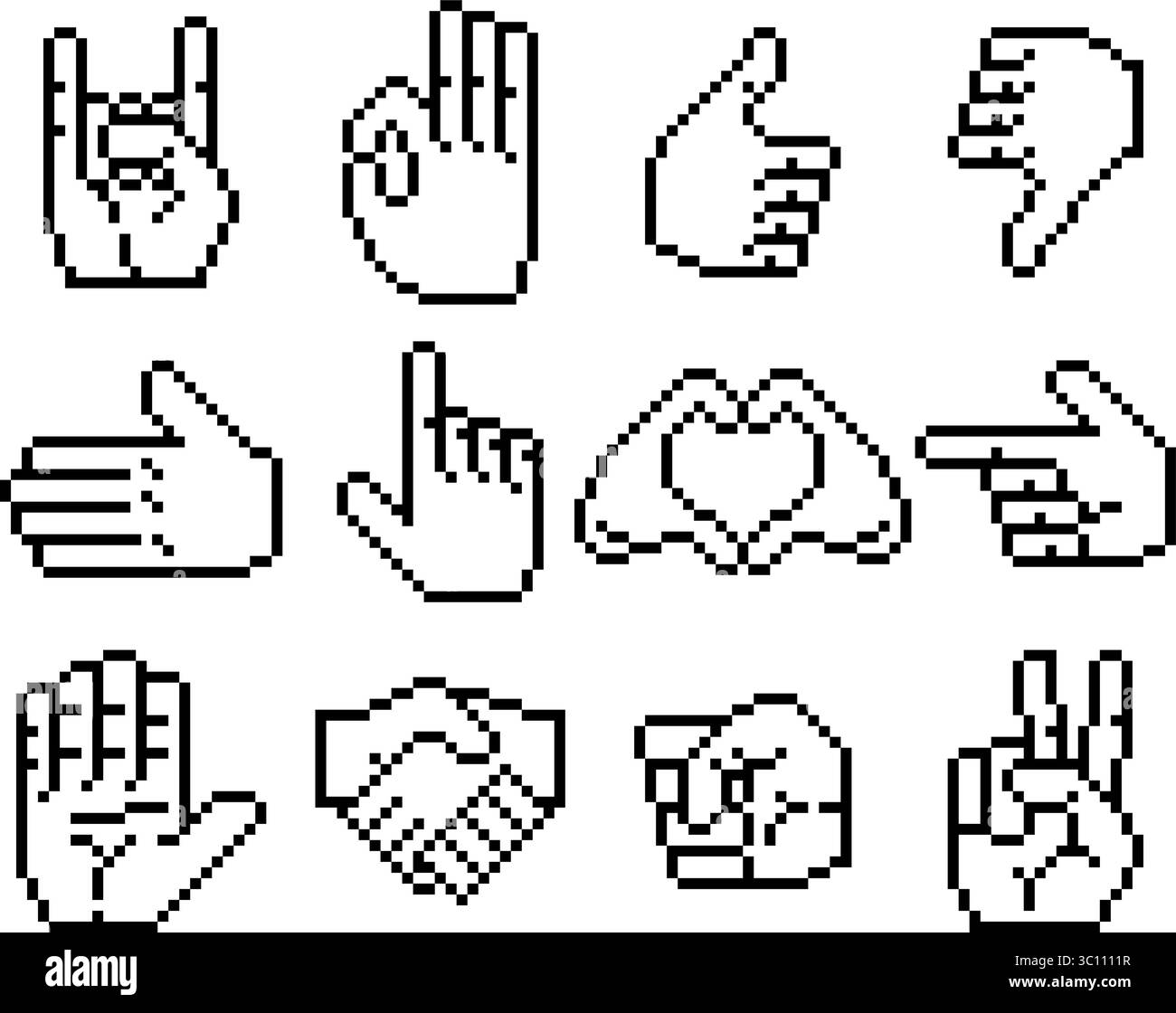 Retro 8 bit pixel art hands showing various gestures including thumbs ...