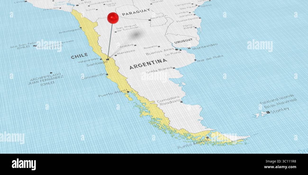 Chile, Santiago - push pin on political map - 3D illustration Stock ...
