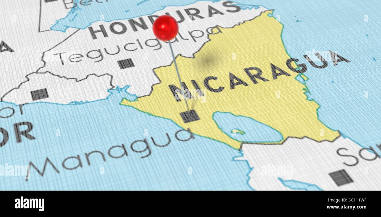 Nicaragua, Managua - push pin on political map - 3D illustration Stock ...