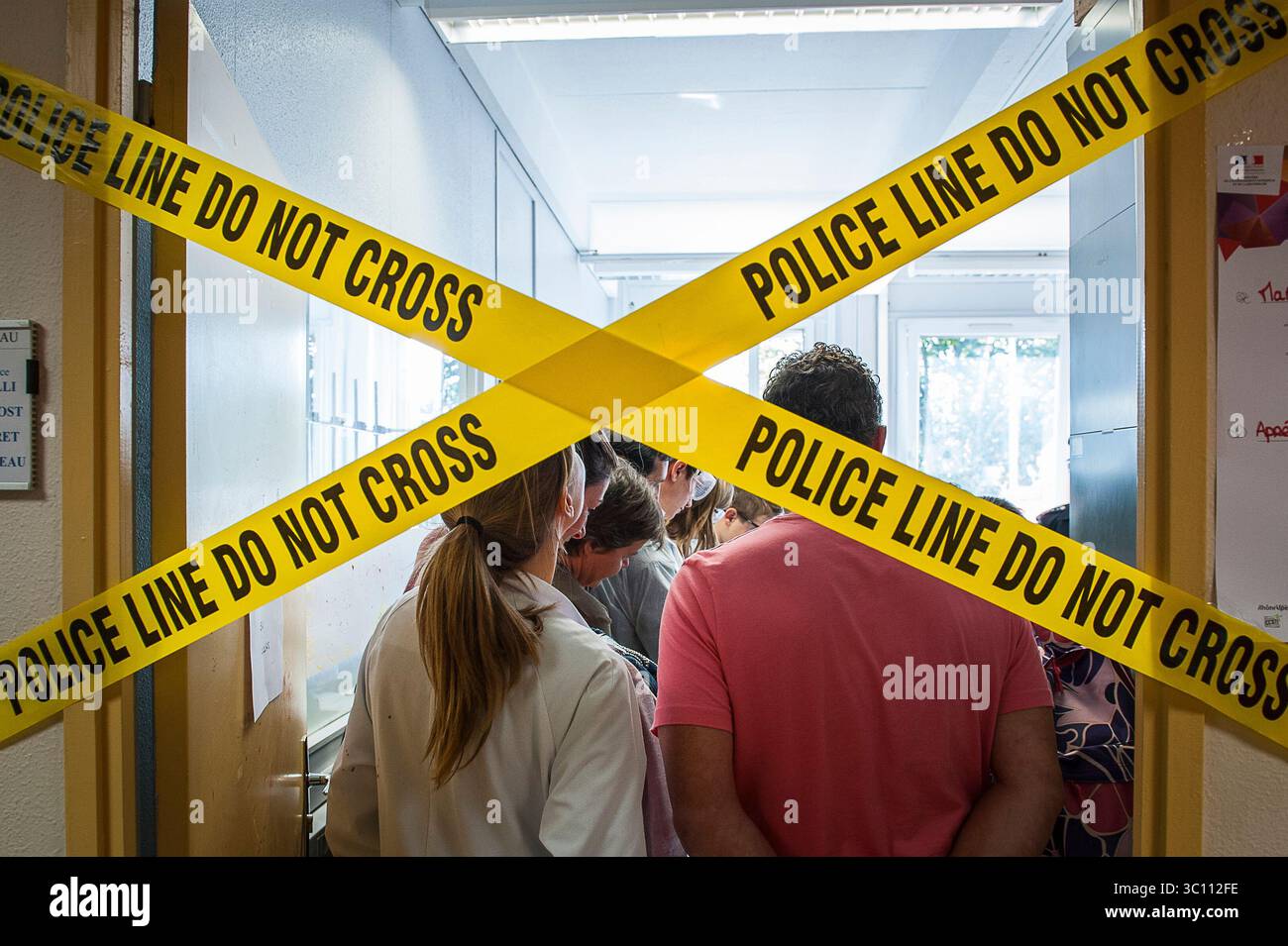 Forensic laboratory and yellow police tape “Police Line, Do Not Cross ...