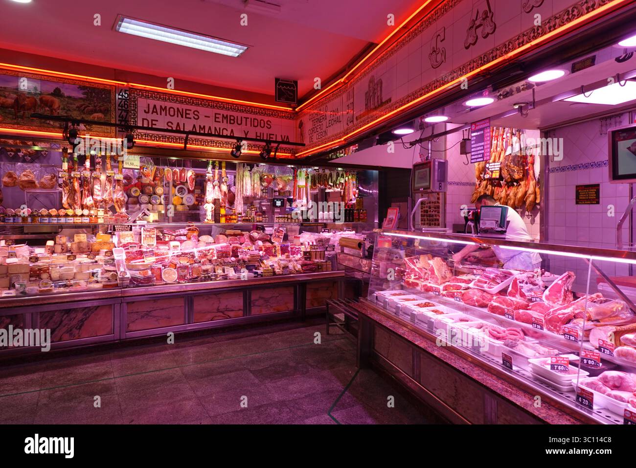 Spain, Madrid, inside view of Anton Martin market, butcher grocer, food ...