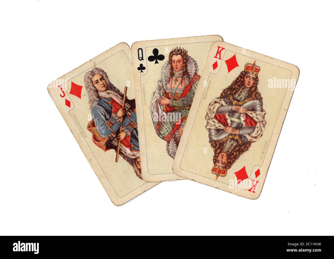 A hand of antique playing cards showing portraits of famous historical ...