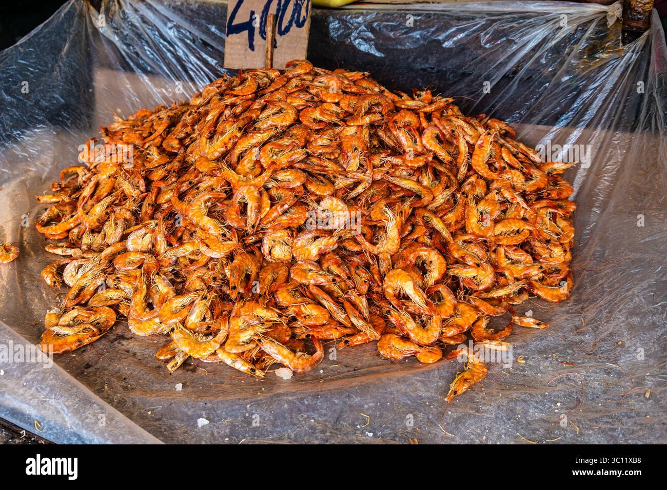 Fried prawns or shrimp for sale at a stall at Mercado Ver o Peso, Belem ...