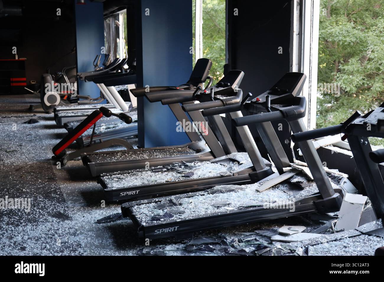 A view of a damaged sports hall following a drone attack in the Kiev ...