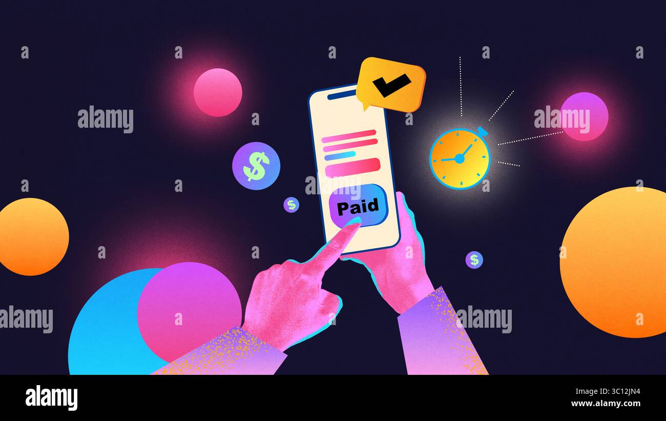Bold colorful poster of finger tapping paid button on mobile phone with ...