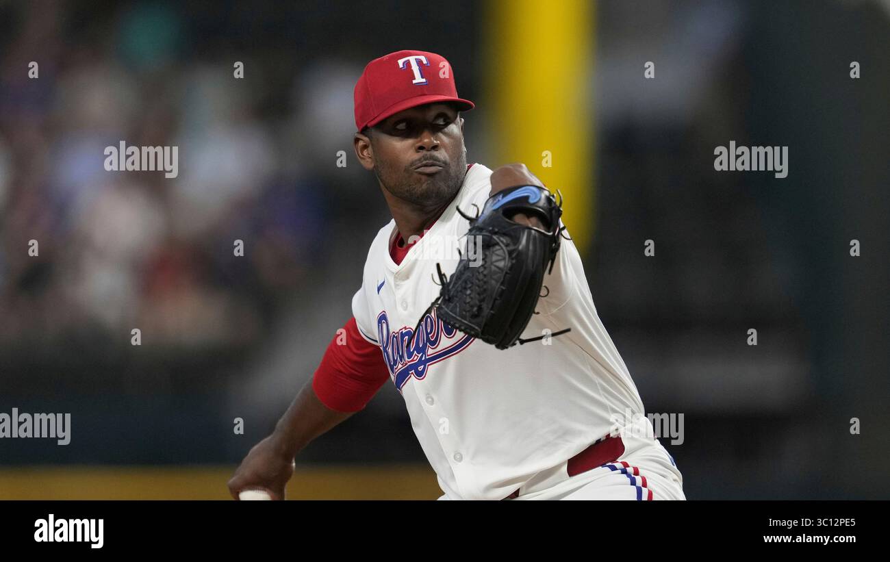 Texas Rangers starting pitcher Kumar Rocker throws to the Detroit ...