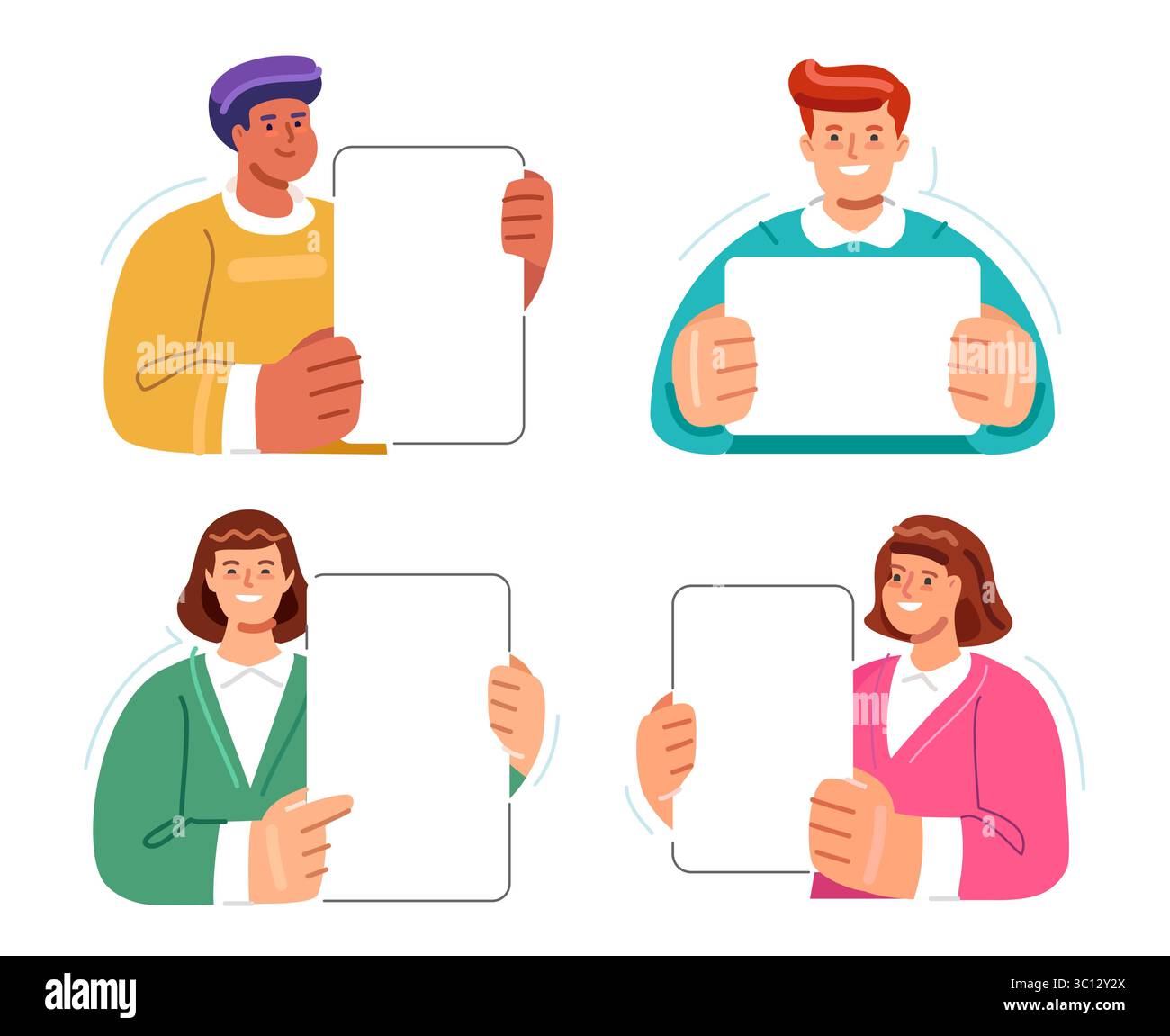 People holding blank signs, collection. Presentation, information ...