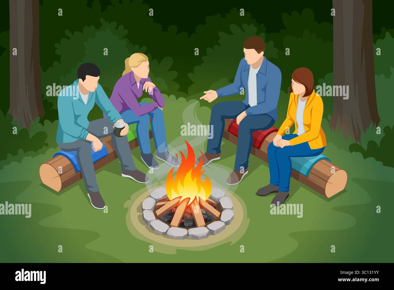 Friends Around Campfire. An Isometric illustration of four friends ...
