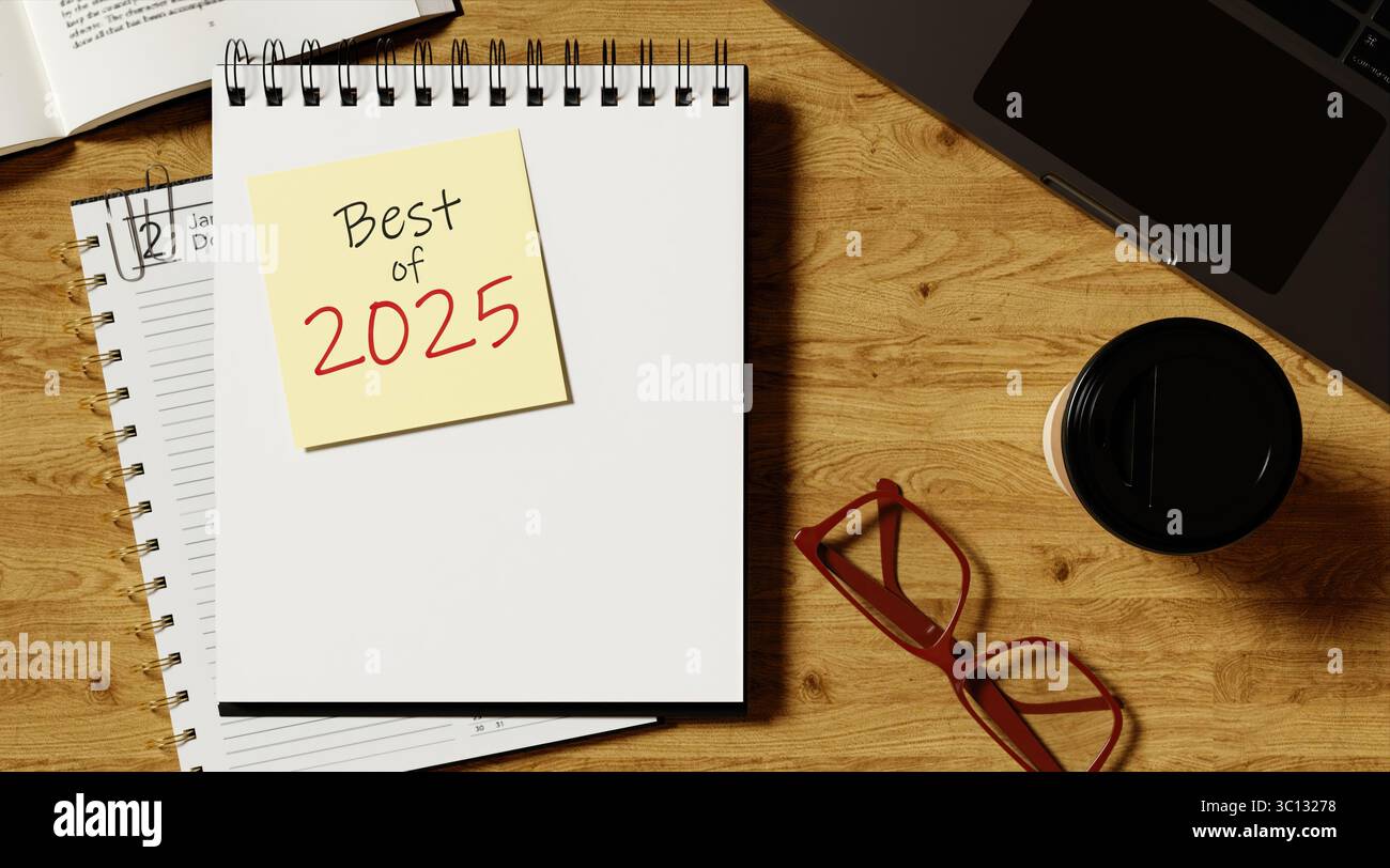 Best of 2025 sticky note with glasses and laptop on desk, 3D render ...