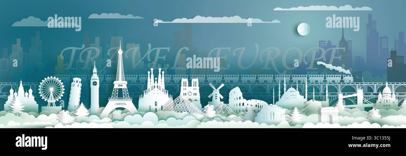 Travel landmarks of Europe with train, Traveling skyline the world ...