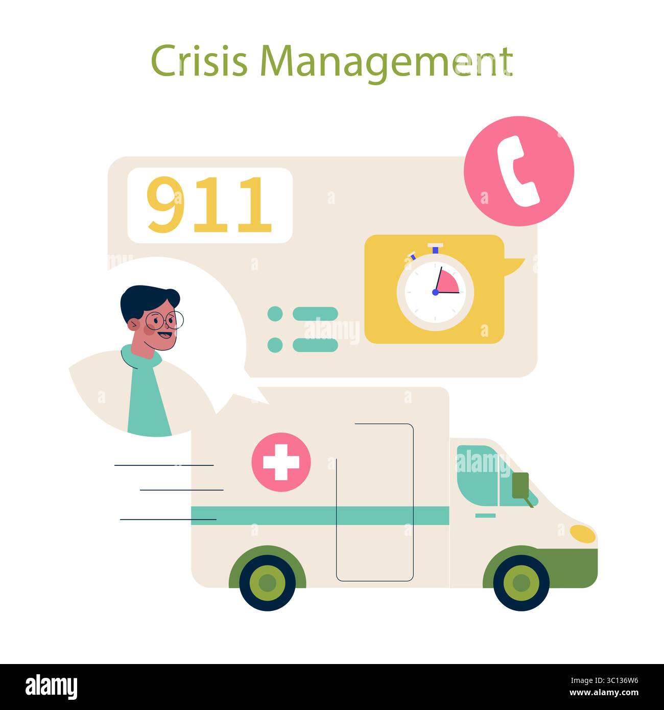 Vector illustration depicting crisis management with a 911 emergency theme. An ambulance, a ...